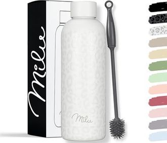 Milu Bouteille isotherme en acier inoxydable 500 ml Anti-fuite Double paroi Convient pour les boissons gazeuses Avec brosse de nettoyage (léopard blanc)