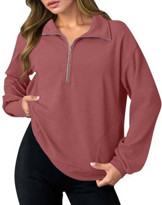Generic Sweat-shirt en tricot &agrave; manches longues avec fermeture &eacute;clair pour femme - L&eacute;ger - Avec poches, rose, XXL