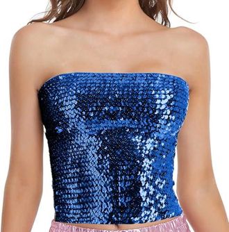Generic Fashion Mardi Holiday T-shirt de compression extensible &agrave; paillettes &eacute;tincelantes pour femme, bleu, Taille unique