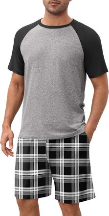 Ekouaer Schlafanzug Herren Kurz 2 Teiliges Pyjama Set Sommer Kurzarm Shirt Schlafanzughose mit Tasche T-Shirt, Grau-Schwarzkariert, S