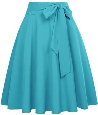 Generic Jupe trapèze et Jupe mi-Longue dété pour Femmes, Taille Haute, noeud à Nouer, ornée de noeuds,-Bleu Sarcelle-XL