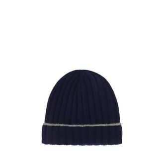 Brunello Cucinelli Kaschmir Beanie M&uuml;tze mit Kontrastprofilen - - Accessories - Herren - Blau - L