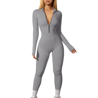 Generic Combinaison de sport sexy &agrave; manches longues pour femme - Combinaison moulante et longue - Avec fermeture &eacute;clair - Extensible - Onesie c&ocirc;tel&eacute;e - Surv&ecirc;t