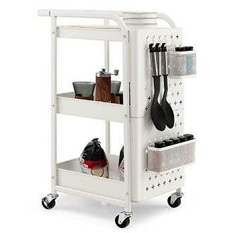 Giantex Chariot &agrave; roulettes en M&eacute;tal &agrave; 3 Niveaux, Chariot de Cuisine avec 2 Panneaux Perfor&eacute;s, 2 Paniers, 4 Crochets, Chariot de Rangement pour Cuisine, Salle