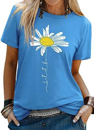 Dresswel T-shirt à manches courtes et col rond pour femme avec inscription « Let It Be », Bleu 2 plis, XXL
