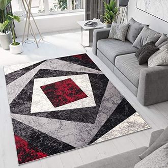 Tapiso Dream Tapis de Salon Chambre Salle &agrave; Manger Adulte Bureau Design Moderne Noir Gris Cr&egrave;me Rouge G&eacute;om&eacute;trique Motif Carreaux Poil Court Fin Doux L&eacute;ger R&eacute;