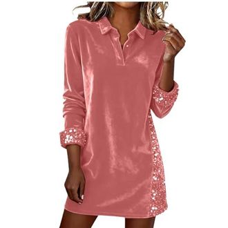 Generic Mini robe chemise en velours &agrave; paillettes pour femme, manches longues, col en V, revers &agrave; revers, rose, XXL