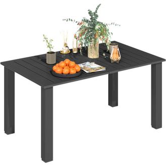 OUTSUNNY Table de jardin - Outsunny - pour 4 &agrave; 6 personnes - avec trou pour parasol - plateau en m&eacute;tal &agrave; lattes, structure en acier - noir