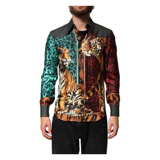 Dolce & Gabbana Homme, Chemises, Multicolore, Taille: S Tiger Leopard Print Silk Shirt