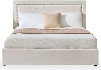Menzzo Lit coffre Sandiego avec sommier relevable 160x200cm et tête de lit cloutée Velours Beige clair