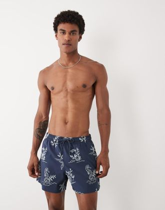Abercrombie & Fitch Abercrombie - Badeshorts in Marineblau mit nautischem Muster und elastischem Bund-Navy