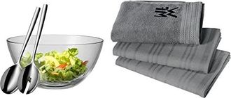 WMF Taverno Salatschüssel Set 3-teilig, Salatbesteck 25 cm mit Salatschale, runde Schale 23,5 cm & Küchenhandtuch-Set 3-teilig, Baumwolle Küchentücher, 2 