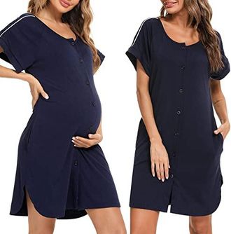 iClosam Chemise de Nuit Maternité Femme Coton Robe Allaitement Con Bouton Pyjama Maternité Manche Courte Nuisette Enceinte Devant Ouvert Doux et Confortable S
