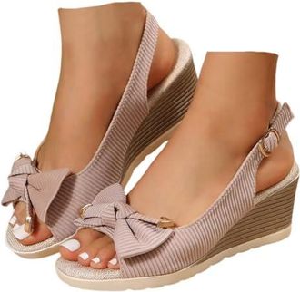 Generic Sandales compens&eacute;es &agrave; bout ouvert et bride arri&egrave;re pour femme avec noeud lat&eacute;ral, style d&eacute;contract&eacute;, talon mi-bas, toile avec noeud papillon, Ta Pink,