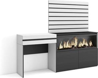 Skraut Home | Schminktisch | Frisiertisch mit Stauraum | 177x145x35 cm | mit Schublade | Elektrokamin XXL | Lamellenwand Holz | Moderner Stil | Weiß