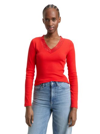 Tom Tailor Damen 1051662 Langarmshirt mit Spitze, 12880-Brilliant Red, XL