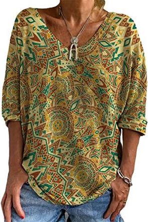 Onsoyours Femme Vintage Imprim&eacute; Chic Col en V 3/4 Manches Shirts &Eacute;l&eacute;gant Imprim&eacute; Tops Blouse Mode Casual Loose Tunique Tops G Jaune XL