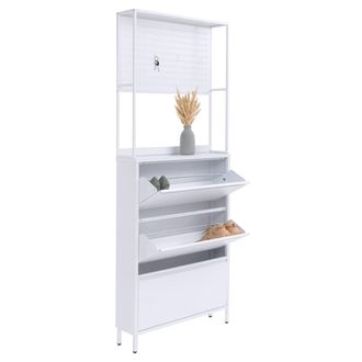 Mendler Schuhschrank HWC-O86, Schuhregal Schuhkipper, 3 Kippf&auml;cher Ablage Haken Metall 201x80x20cm - wei&szlig;