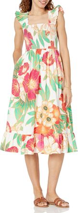 The Drop Damen Kimi Ruffled Shoulder Smocked Midi Dress, Whisper White Floral, XL