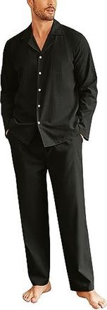 Ekouaer Pyjama Homme Hiver Ensembles de Pyjama Homme Coton Manches Longues Vetements De Nuit Chaud 2 Piezas Ropa de Dormir Pantalon avec Poches, Noir, XL