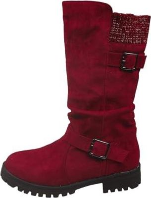 Generic Bottes mi-mollet d&eacute;contract&eacute;es &agrave; bout rond pour femme - &Eacute;l&eacute;gantes - Col en tricot - Boucle - Talon bas - Confortables - Coupe large - Pour lautomne et