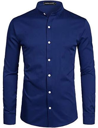 PARKLEES Chemise à manches longues pour homme - Couleur unie - Coupe ajustée - Facile à repasser - Col montant - Pour affaires - Loisirs, bleu marine, XXL