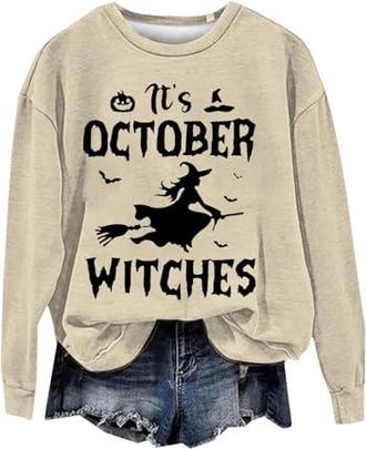 Generic Chemise unie à manches longues pour femme - Chemisier dHalloween - Pull de sorcière - Imprimé quotidien - Jaune - Tendance - Décontracté - Col rond - 