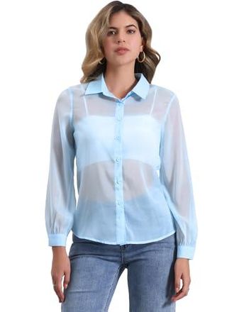 Allegra K Hauts Transparents en Maille pour Chemise boutonn&eacute;e &agrave; Manches Longues et col Pointu pour Femme Bleu Clair XS