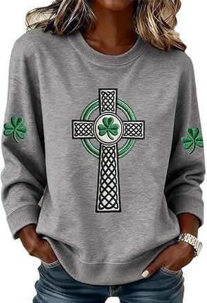 Generic Sweat-shirt vintage pour femme avec imprim&eacute; de la Saint-Patrick et noeud celtique, gris, XXL
