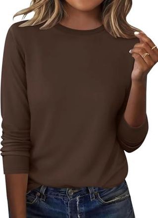 Minetom T-Shirt Femme Manches Longues Col Rond Hauts &Eacute;l&eacute;gant Extensible Top Chic Pull Basic D&eacute;contract&eacute; A Marron L