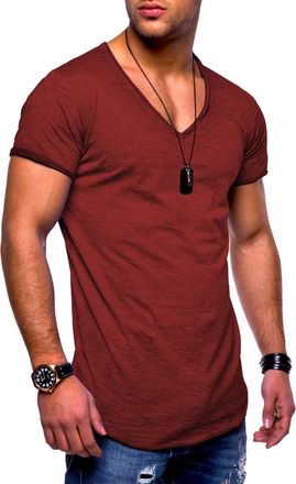 Behype. Herren Kurzarm Basic T-Shirt V-Neck Ausschnitt Oversize-Look 20-0002 (XXL, Weinrot)