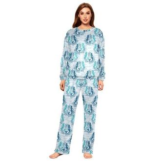 Alaza Ensemble de pyjama en polaire pour femme, motif hibou, lune et nuages, vêtements de détente deux pièces, vêtements de nuit, pyjama thermique super dou