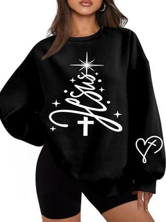 Generic Sweat-shirt en polaire Jesus Tree pour femme - Foi chrétienne - Flocons de neige - Graphique - Col rond - Pull dhiver en polaire pour femme, Noir, 3XL