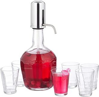 Relaxdays Wasserspender Set, Getränkespender mit manueller Pumpe, 6 Trinkgläser, Cocktailspender 2,4l, Glas, transparent