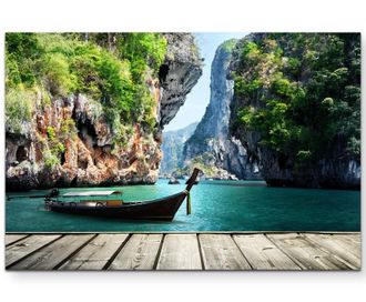 Paul Sinus Art Leinwandbilder | Bilder Leinwand 120x80cm Bootssteg mit Boot zwischen Felsen - Thailand