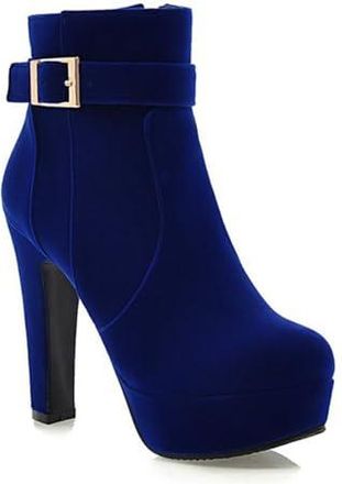 Generic Bleu,41 EU,Bottines en Daim pour Femmes, Bout Rond, Plateforme, Talons épais, Bottines à Talons dautomne, Chaussures habillées Confortables avec Boucl
