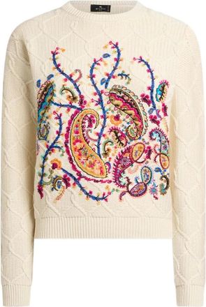 Etro Femme, Pulls, Beige, Taille: 40 FR Pull en m&eacute;lange de coton avec broderie florale cachemire