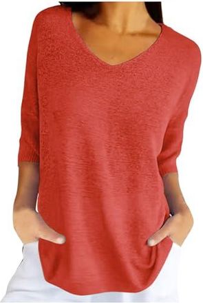 Generic Pull d&eacute;contract&eacute; &agrave; manches 3/4 pour femme - Col en V - Pull ample en tricot - Pull dautomne - Patch de chemise, Rouge, XXL