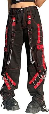 Minetom Femme Pantalon avec Poches Chaîne Vintage Casual Cargo Gothique Punk Ample Pantalon Streetwear T Noir XS