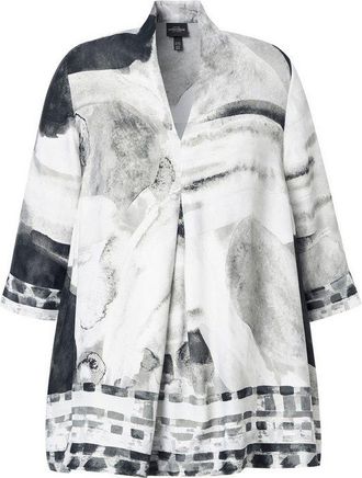 Ulla Popken Longbluse Satinbluse Bord&uuml;ren A-Linie Kelchkragen 3/4-Arm