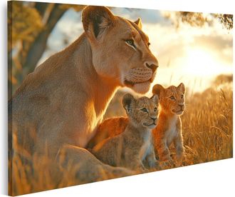 Islandburner Bild auf Leinwand L&ouml;wenfamilie in der Savanne bei Sonnenuntergang im hohen Gras Bilder Wandbilder Poster