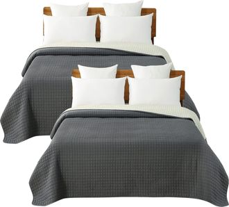 Woltu 2X Tagesdecke Bettüberwurf Steppdecke 170x210cm Dunkelgrau-Creme Patchwork, Wendedesign Kariert Bettdecke Stepp Decke für Doppelbett unterfüttert und 