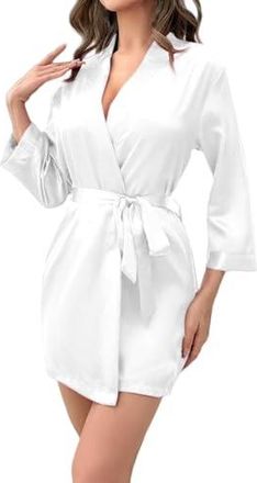 Generic Peignoir en satin pour femme - L&eacute;ger - Sexy - Kimono court - Col en V - V&ecirc;tement de d&eacute;tente en tissu satin&eacute; lisse - Respirant - Robe de chambre de mar