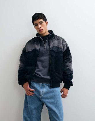 Only & Sons Oversize-Fleece-Bomberjacke mit Landschaftsprint in Marineblau