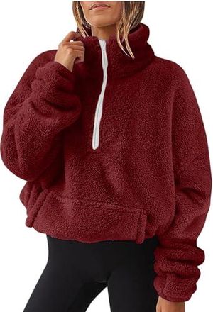 Generic Vestes pour femmes 2026 d&eacute;contract&eacute;es et douces &agrave; col roul&eacute; demi-fermeture &eacute;clair couleur unie veste polaire pour lautomne et lhiver, Rouge, XXL