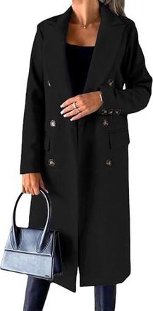 Generic Manteau dhiver &eacute;l&eacute;gant en laine m&eacute;lang&eacute;e pour femme, pardessus &agrave; revers crant&eacute;s, long trench crois&eacute;, noir, taille 36