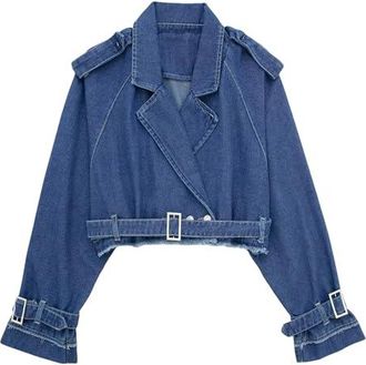 Generic Veste trench courte d&eacute;contract&eacute;e en jean &agrave; manches longues avec ceinture pour femme, bleu, XS