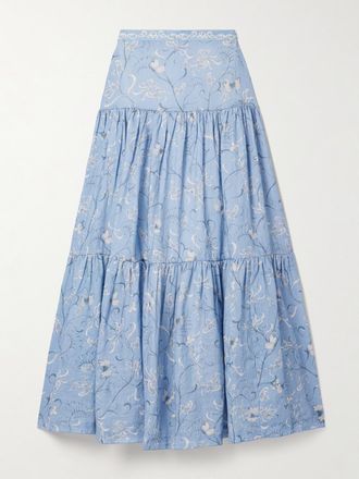 Agua Bendita Jupe Longue En Lin Imprimé Anis Lymanopoda - Bleu