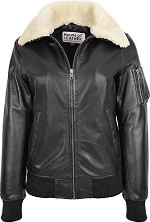 House Of Leather Femmes Cuir Blouson Aviateur Collier Amovible Style de Larmée de Lair Thea Noir (42)