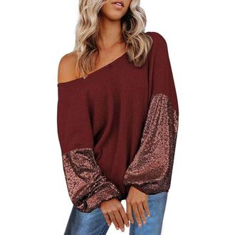 Generic Chemisier &agrave; paillettes &agrave; &eacute;paules d&eacute;nud&eacute;es pour femme, sweats &agrave; la mode d&eacute;contract&eacute;s en patchwork brillant, pull en tricot &eacute;l&eacute;gant, couleur unie, &eacute;paul